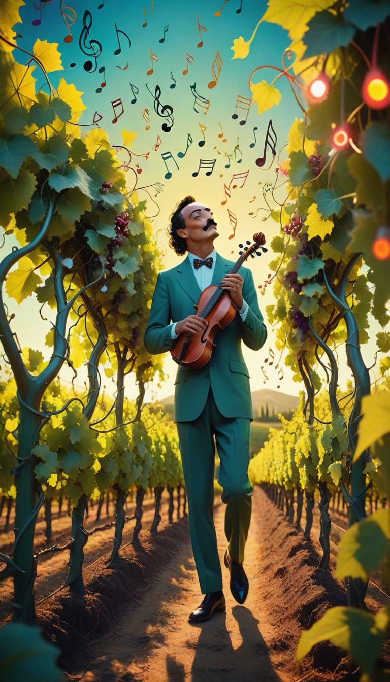 Surreal Vineyard with Musical Vines in Vibrant Oil... - AI Art
