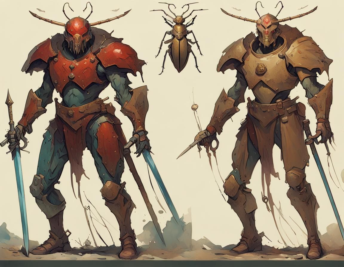a sinister insect-warrior human hybrid, chitinous armor insectlike, biomechanic exoskeleton ...