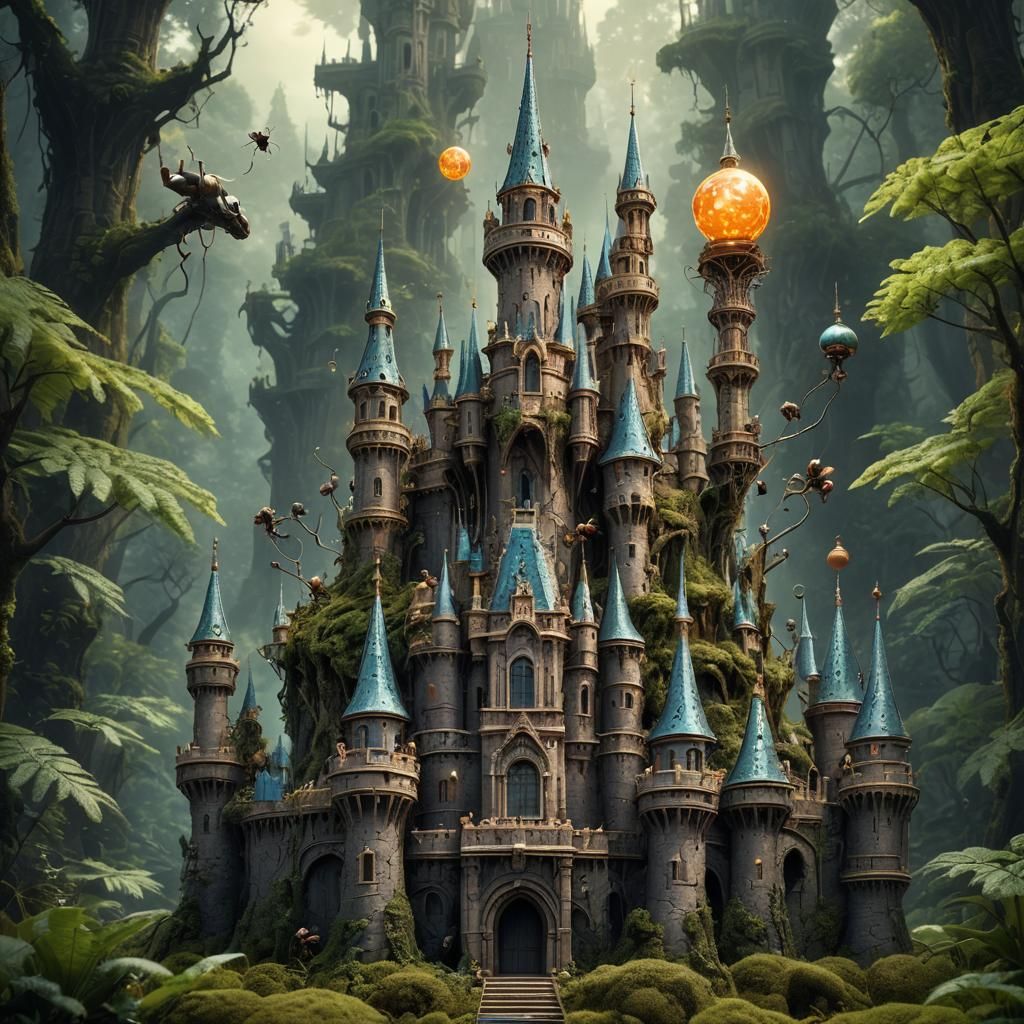 a ants castle with towers reaching for the sky, The castle is adorned ...