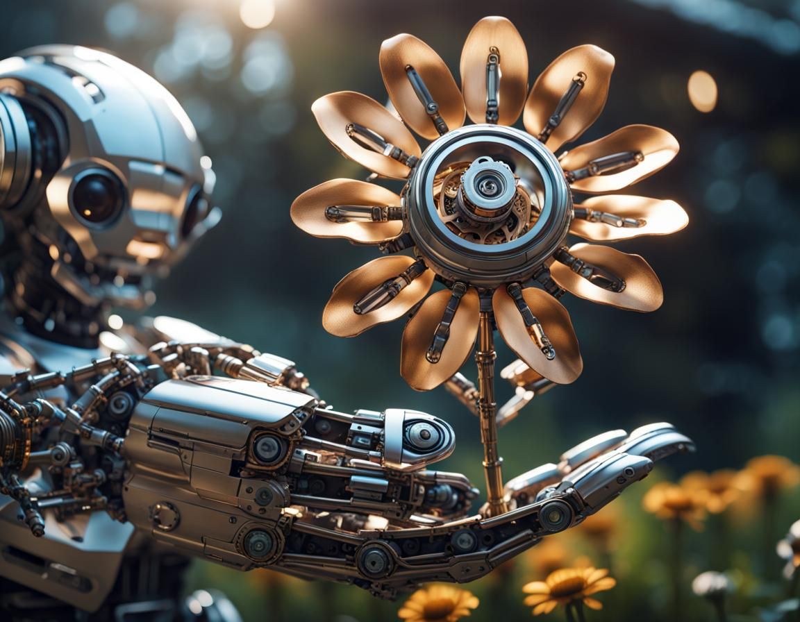 Highly photo realistic futuristic cyborg robot holding a clockwork ...