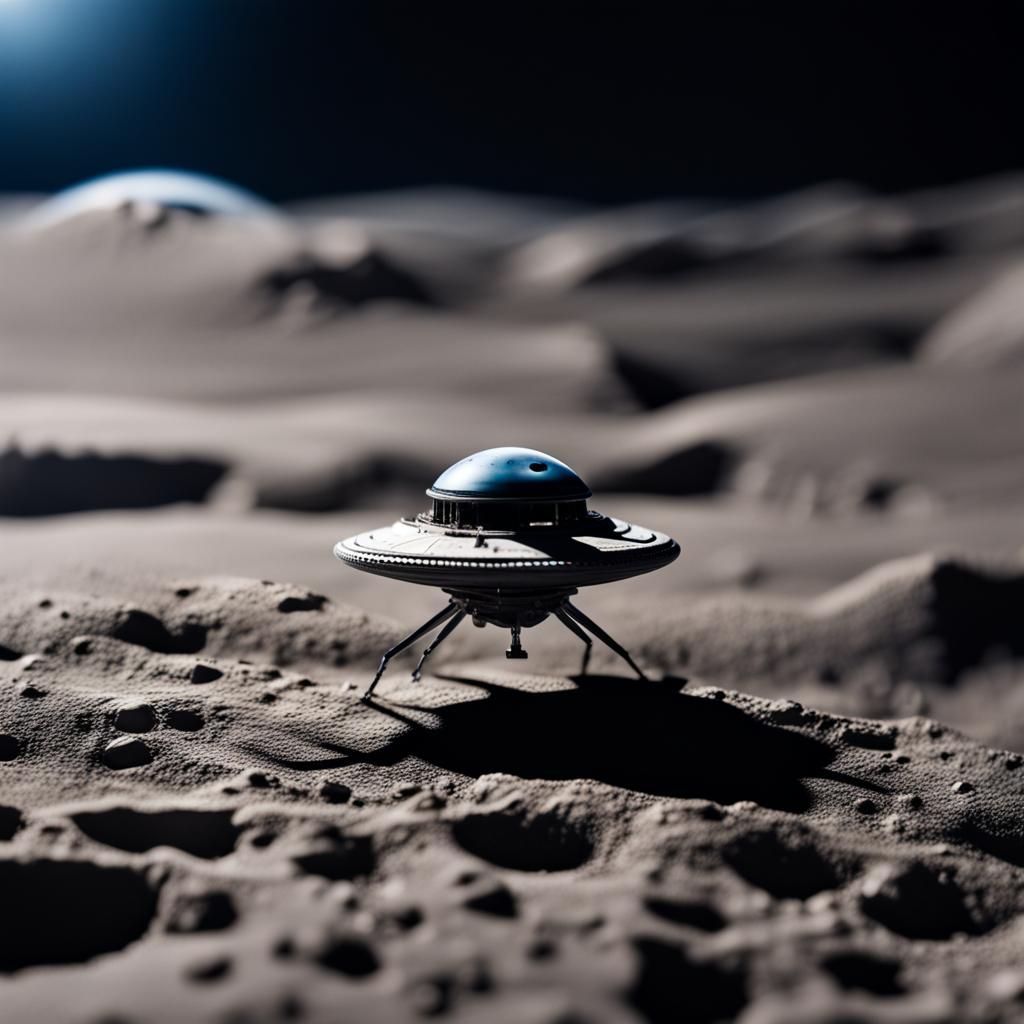 Photograph, Macro, miniature ufo with alien in it on the moon surface ...