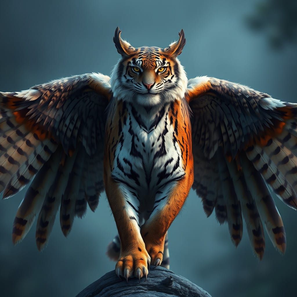 Great Horned Tiger - Mystical Tiger Owl Hybrid in Whimsical,...