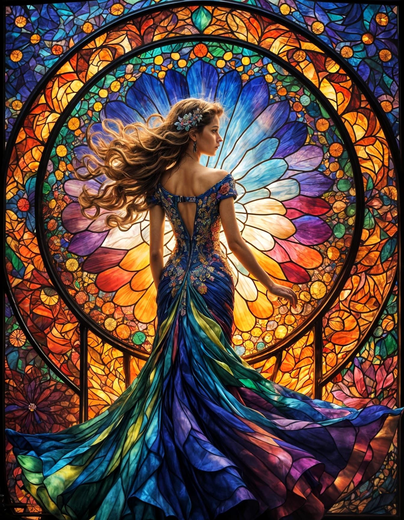 An Ethereal woman in a vibrant glass gown made up of intricate stained ...