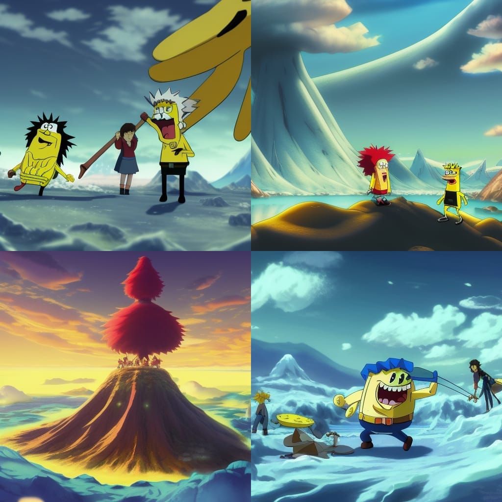 Immortal banana fighting spongebob on an ice volcano while having an ...