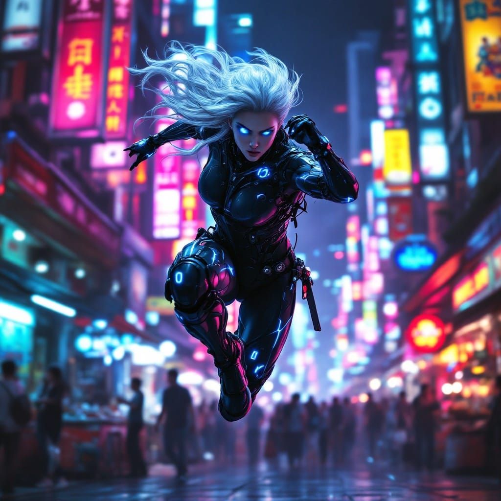 Cyberpunk Warrior Stella Leaps Through Night Marke... - AI Art