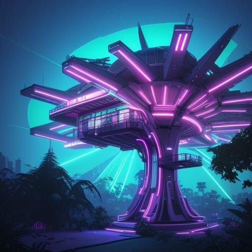 Futuristic Treehouse in Vibrant Neon Synthwave Sty... - AI Art