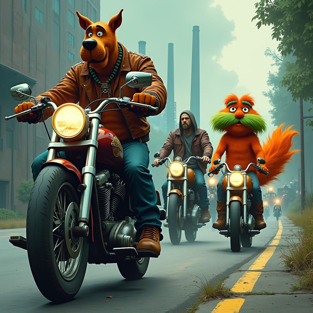 Rugged Scooby Doo Rides with Motorcycle Gang in Gr... - AI Art