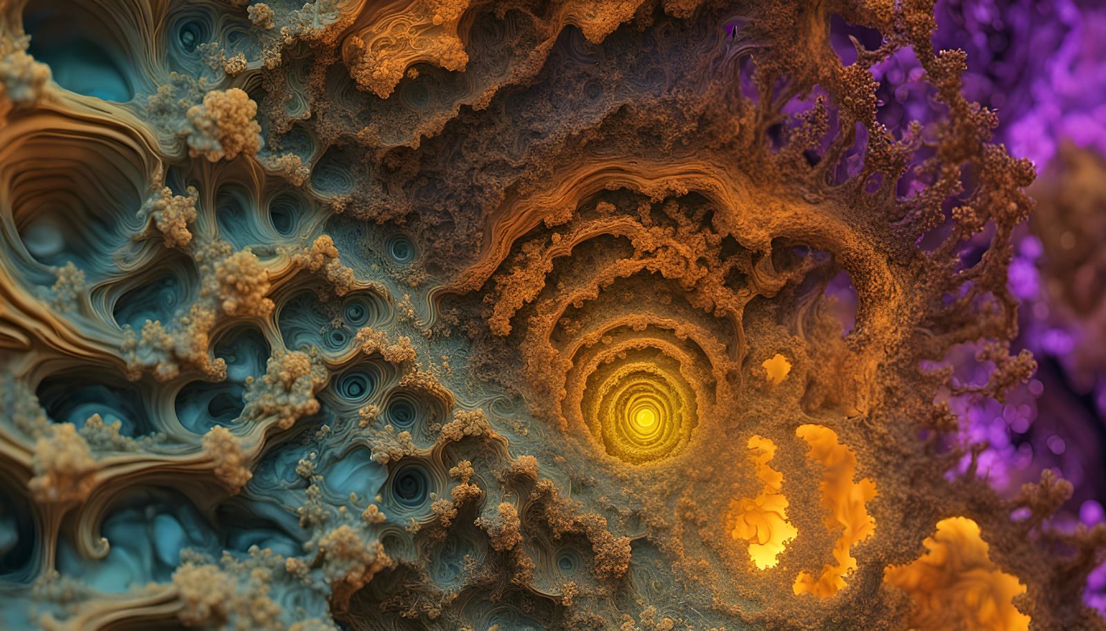 Display the interior of a mandelbulb or mandelbox, well lit with internal glowing phosphoresce ...