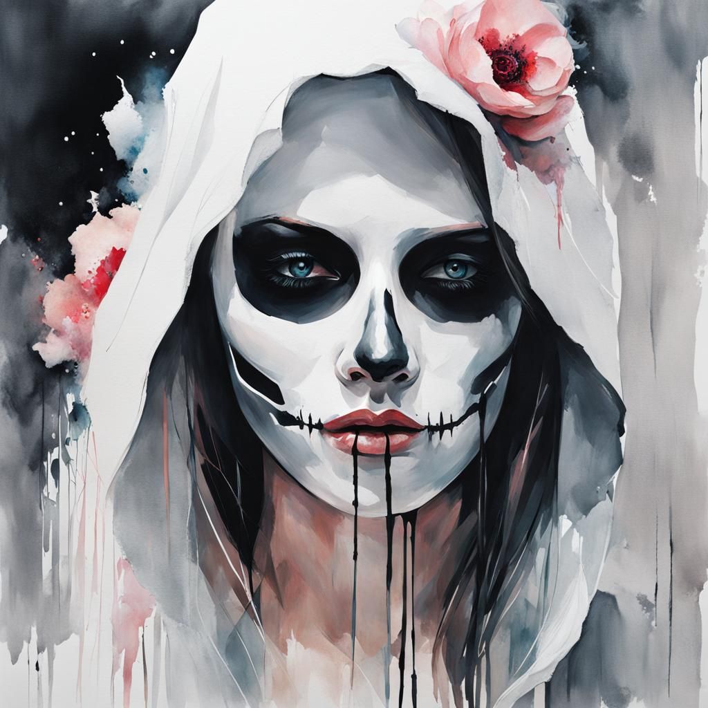 Girl with Death Mask (She Plays Alone) in the style of Agnes Cecile ...