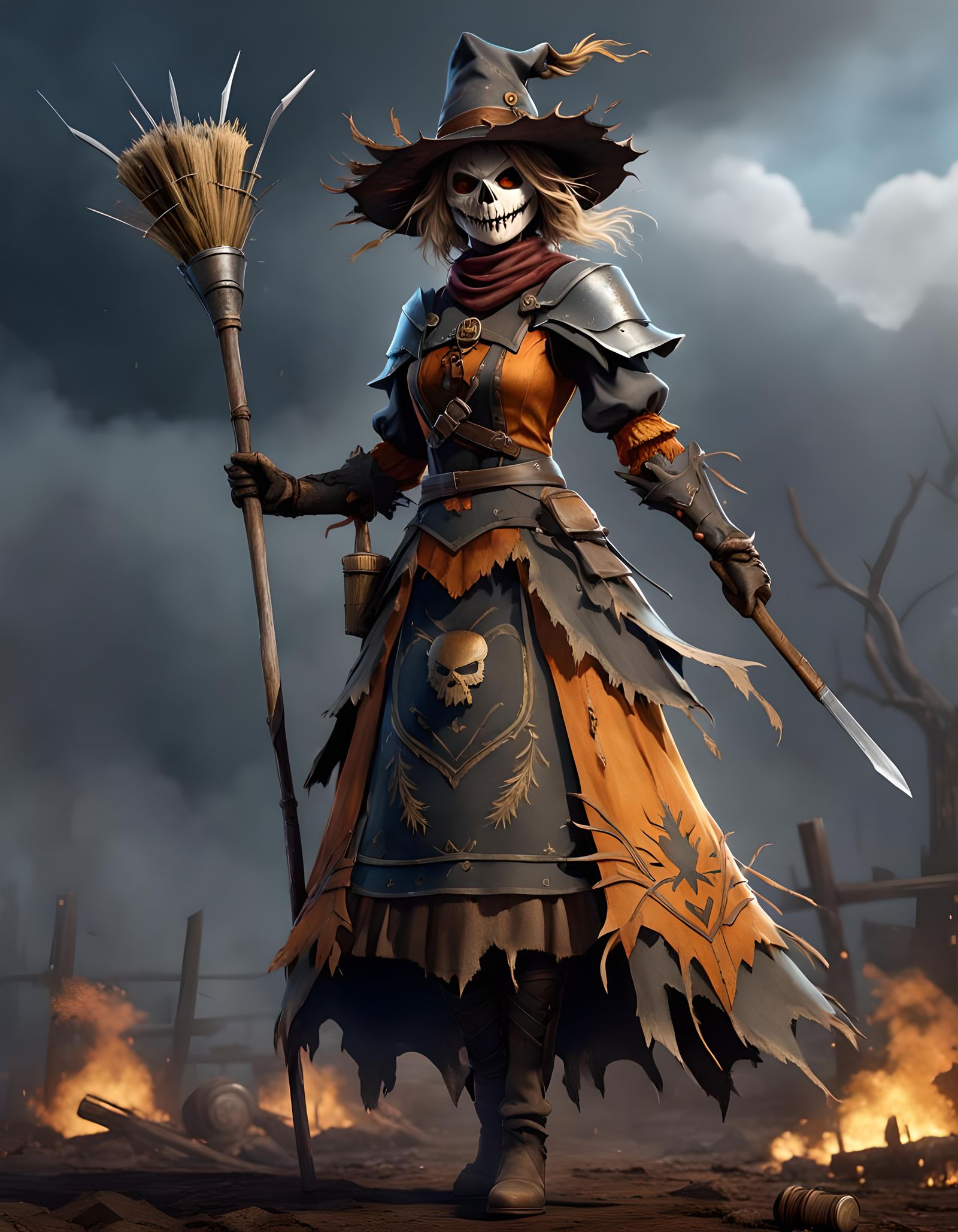 Female Scarecrow warrior with a steel mallet, four tines. Ruddy dress ...