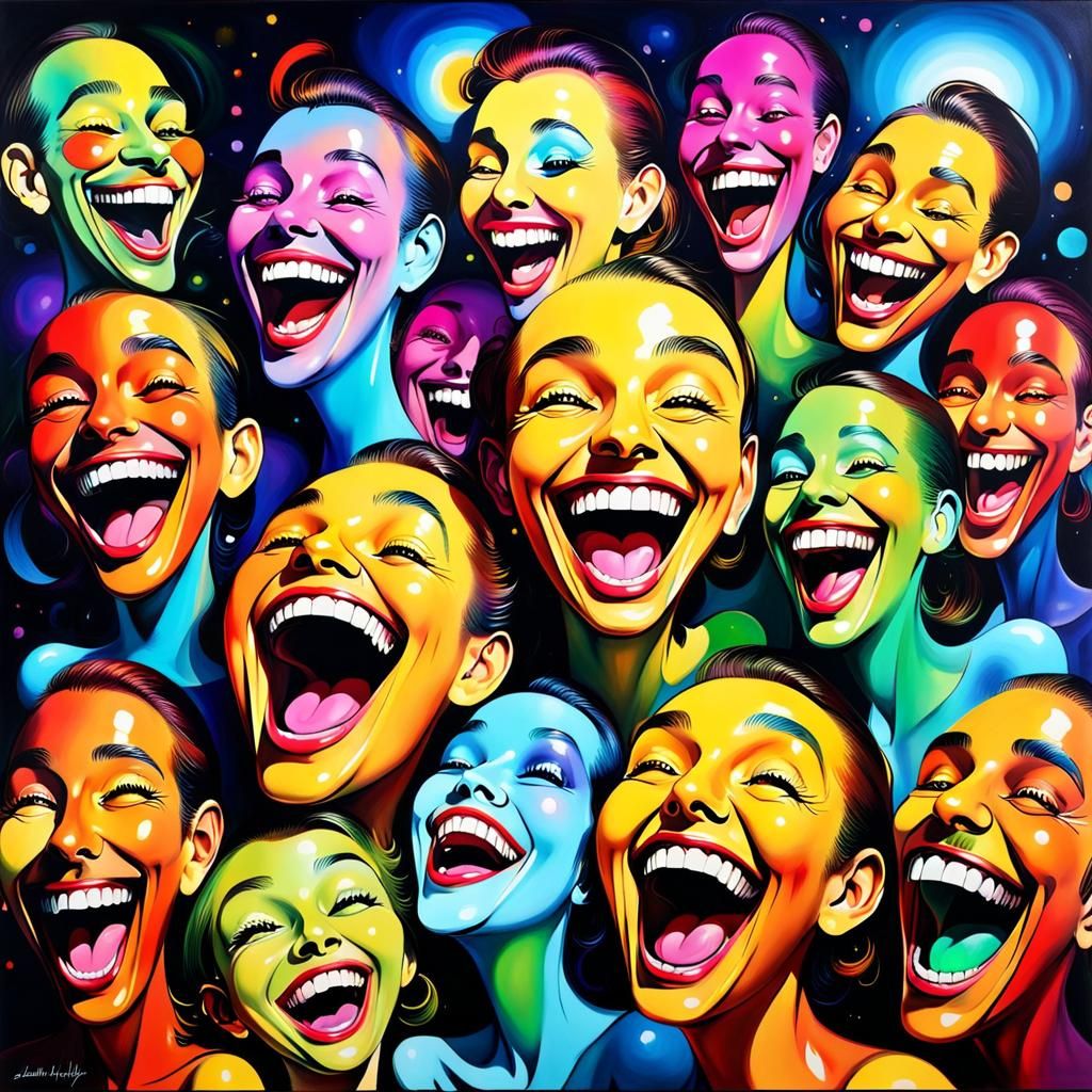 Dozens Of Laughing Faces Emerging From A Dark Shadowy Background. - AI ...