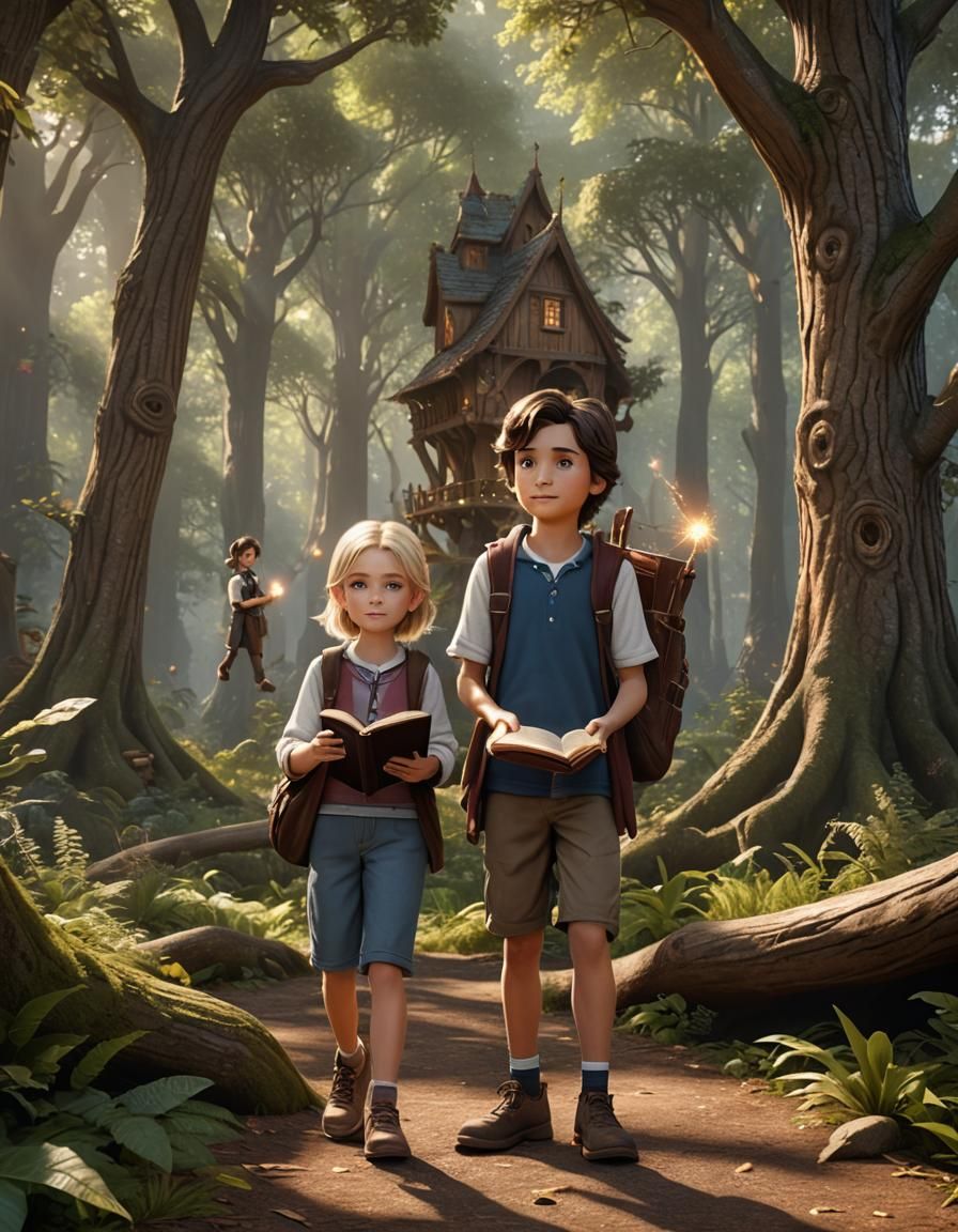 Sibling Adventure: Photorealistic style-short small boy with dark brown ...