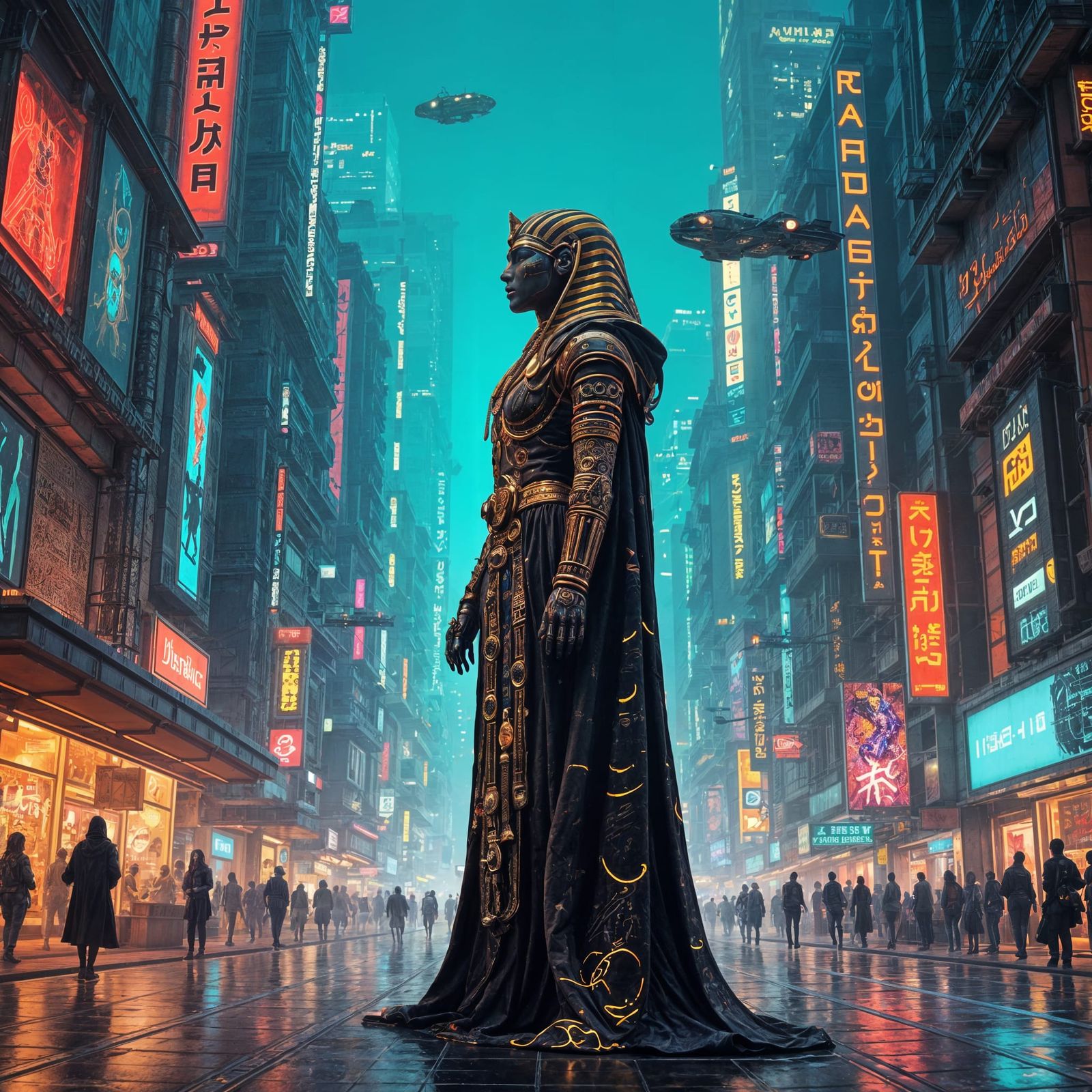 Cyberpunk Pharaoh in a Neon Cityscape - AI Art