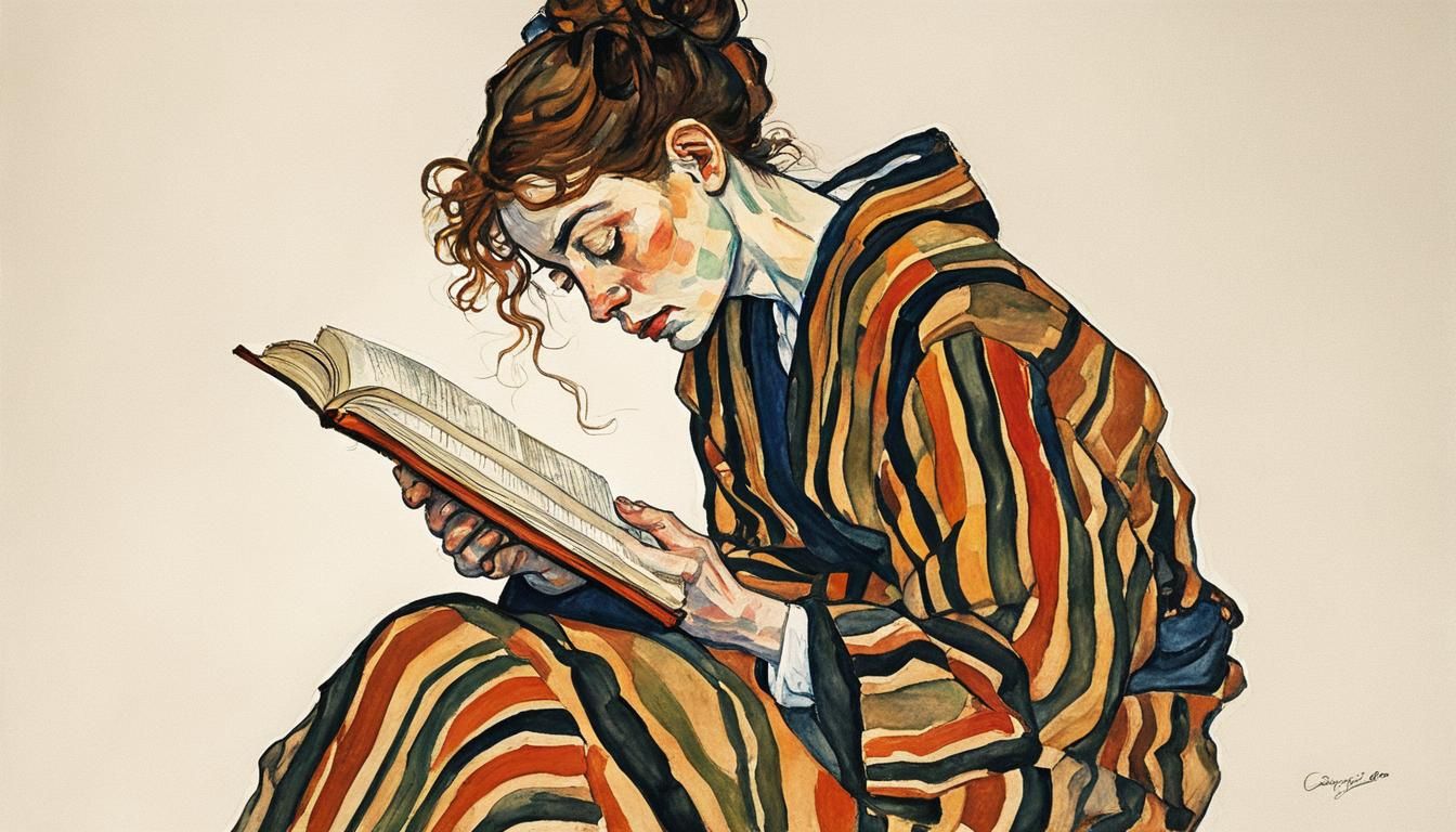 Woman Reading in Striped Dress, Expressionist Wate... - AI Art