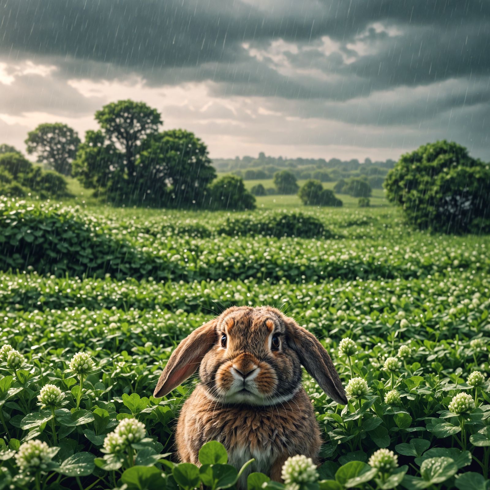 A rabbit sitting in a feid of clover, in the rain. Very grumpy rabbit ...