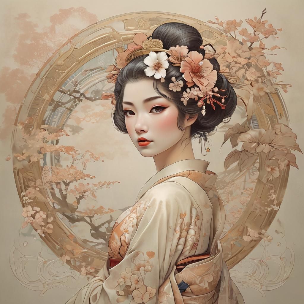 Pretty Geisha Lady - Ethereal Geisha in Art Nouveau Style