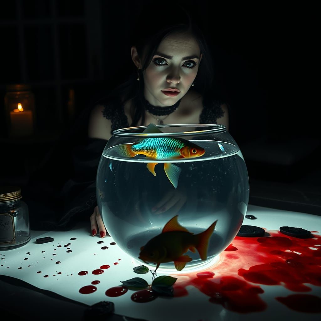 surreal (photorealistic)of a goth woman, in black Emo darkness ,fish ...
