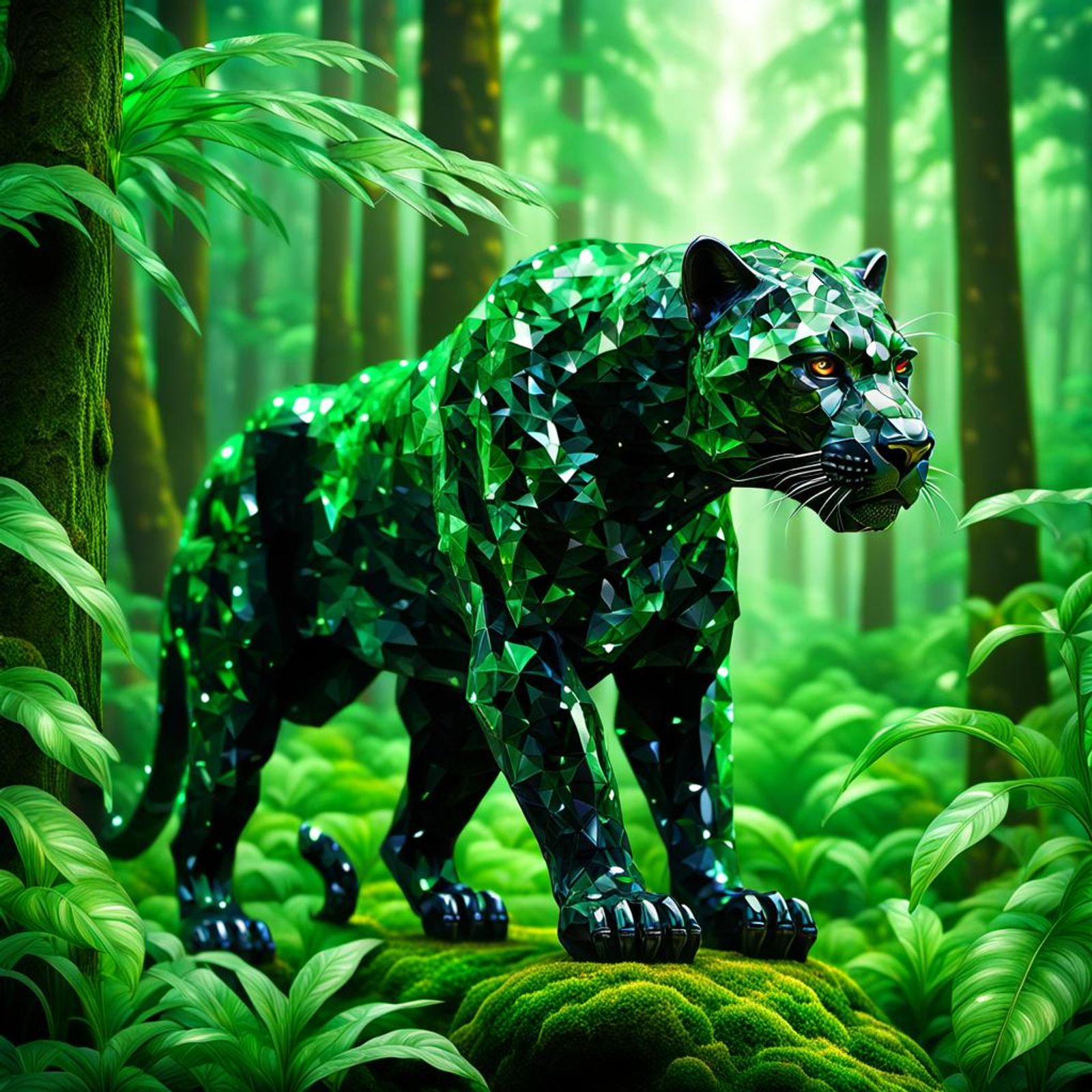 A panther made out of crystals in a lush green forest, intricate ...