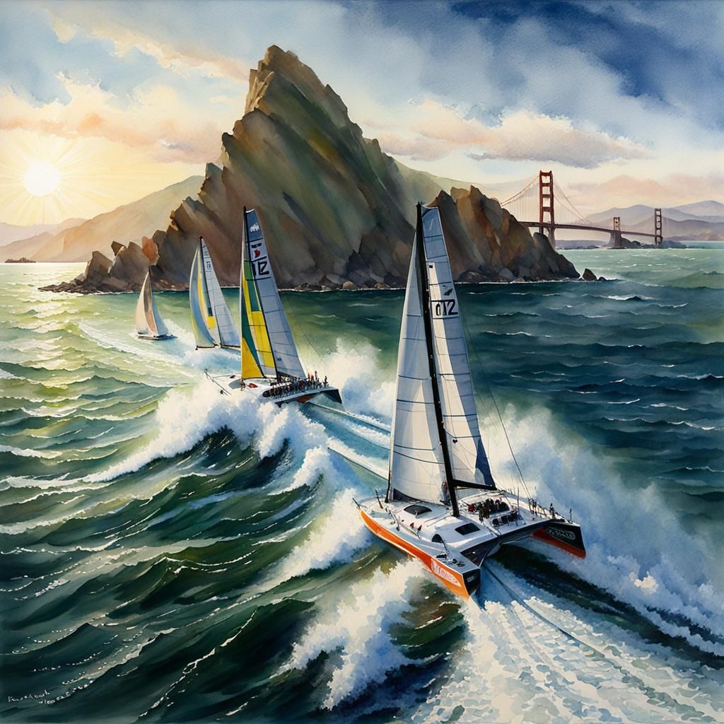 Watercolor of catamaran racing in race in San Francisco Bay - AI ...