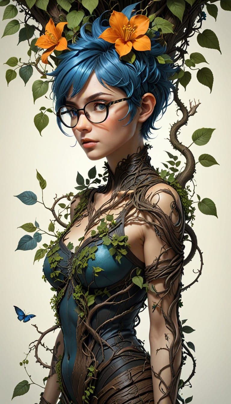 Cyberpunk Pixie Tree Goddess in Mysterious Library - AI Art