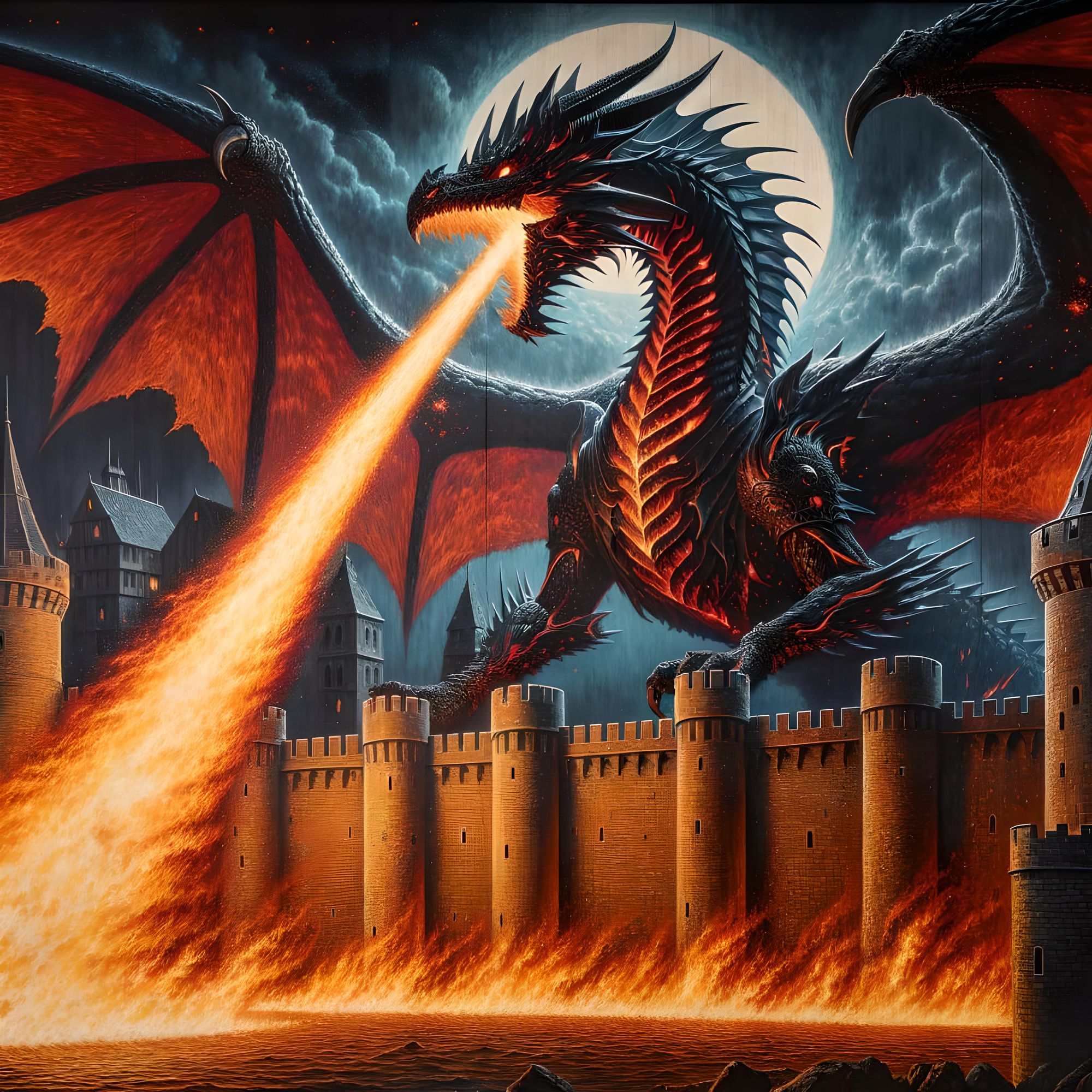 Drogon dragon from Game of Thrones is breathing fire and burning down a ...