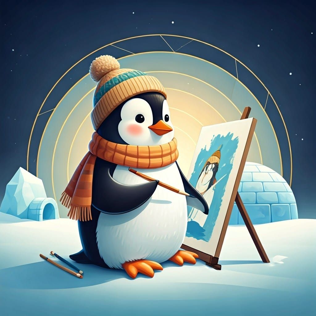 Penguin Artist Captured in Whimsical Snowy Scene - AI Art