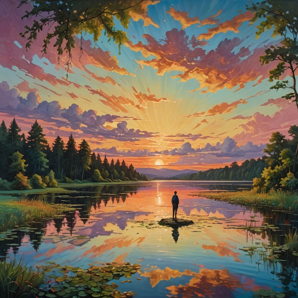 Lone Figure Amidst Vibrant Summerscape Sunset - AI Art