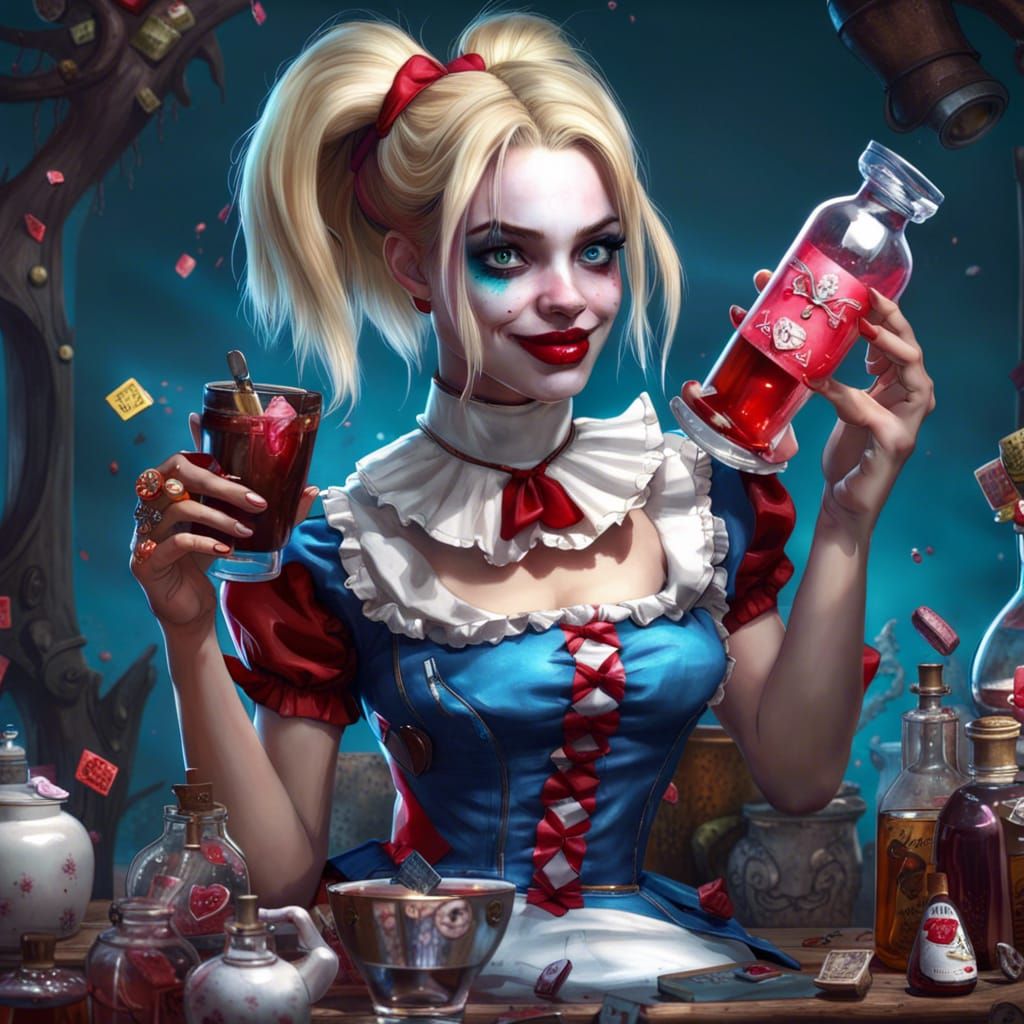 Gorgeous Harley Quinn in Alice in wonderland drinking the drink me ...