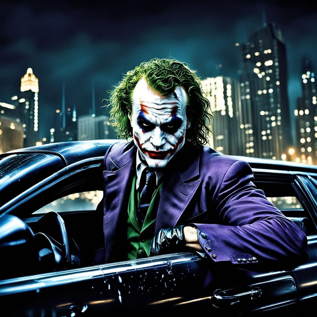 Heath Ledger's Joker hangs out of a police car window. - AI Generated ...