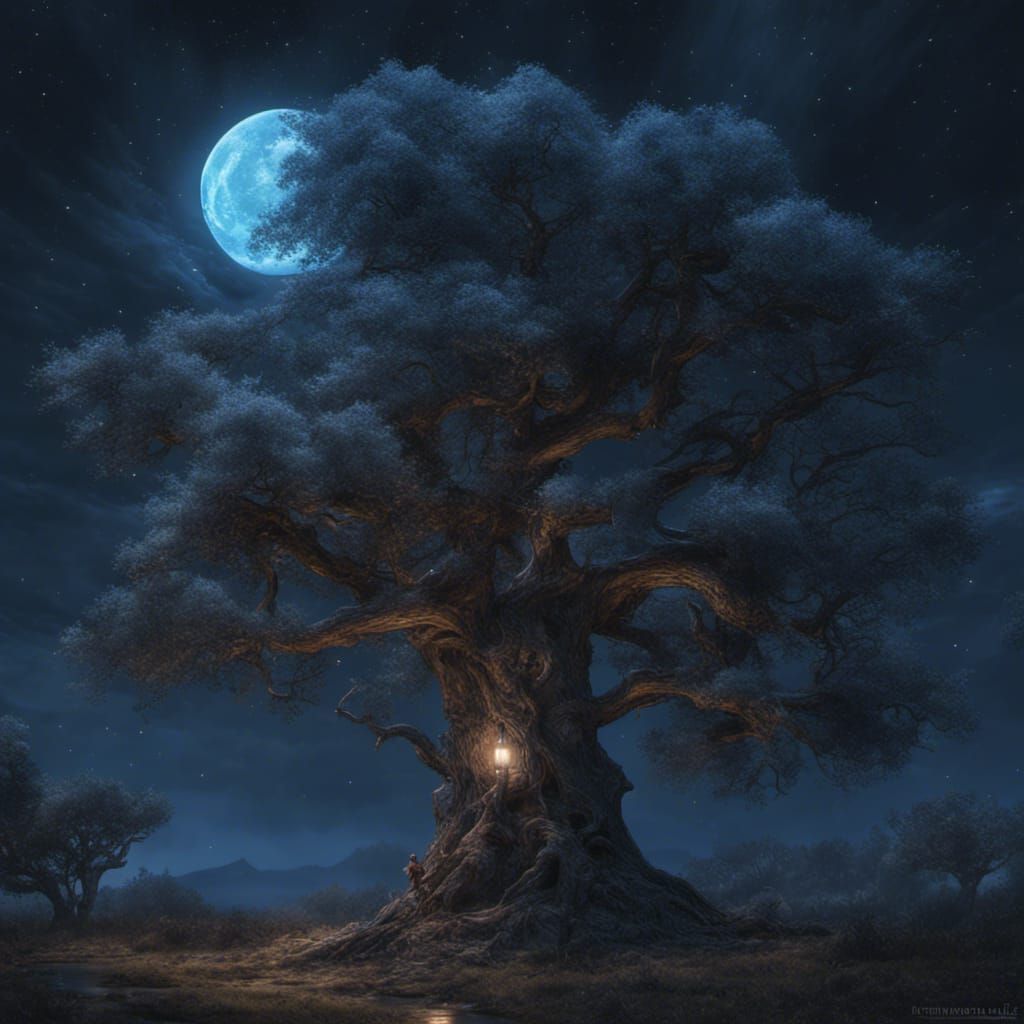 at night, huge stars hanging in a tree, a romantic blue moon behind it - AI Generated Artwork ...