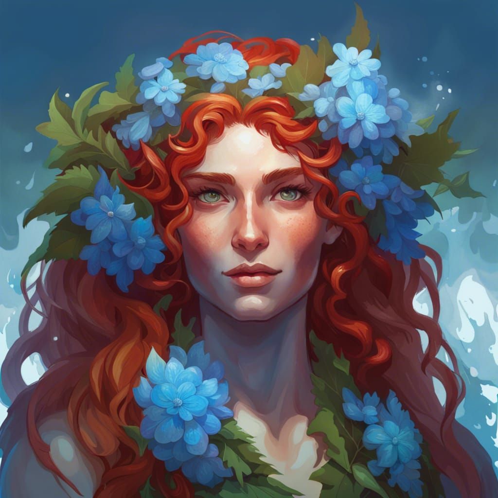 half-elf druid with curly red hair wearing flowers - AI Generated ...