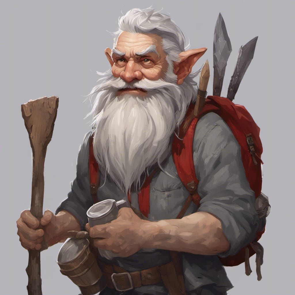 Male rock gnome. 40 years old. Grey skin, silver hair and red eyes ...