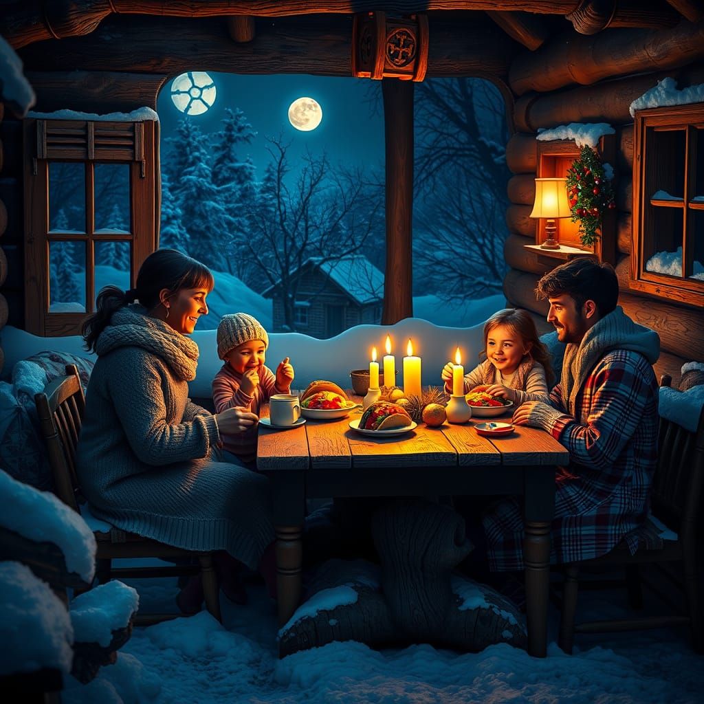 Cozy Family Winter Taco Night in Vibrant Matte Pai... - AI Art