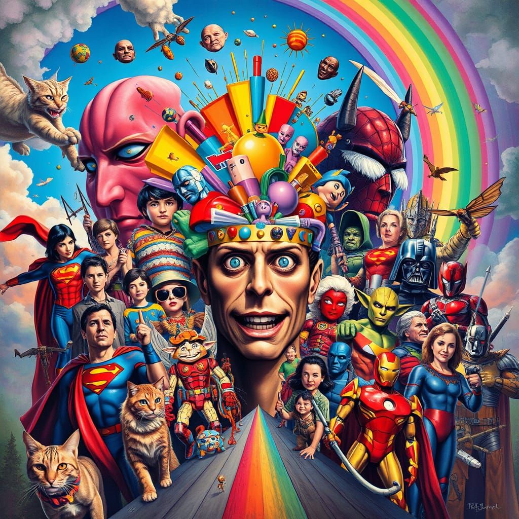Surreal Rainbow Bridge Scene with Pop Culture Mash... - AI Art