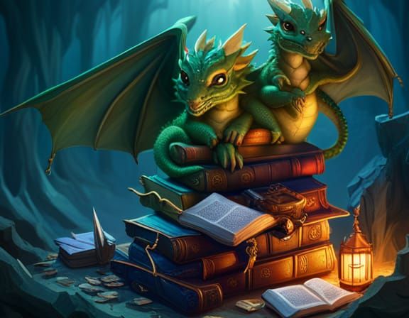 Baby dragons protecting their hoard of books, detailed matte painting ...