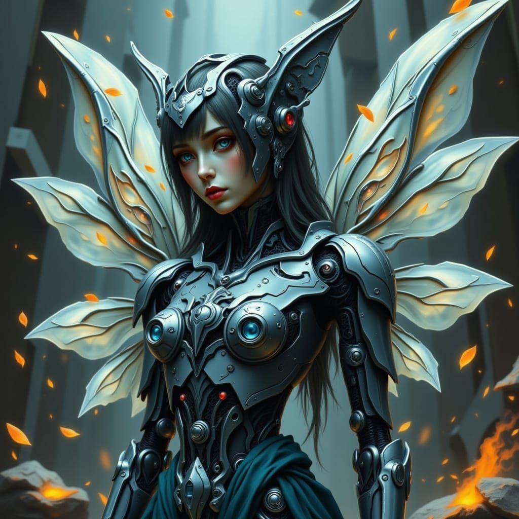 Cyborg Fairy with Metallic Wings in Futuristic Fan... - AI Art