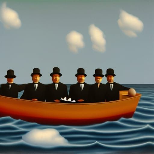 A boat full of refugees, in the style of René Magritte's 'The Treachery ...