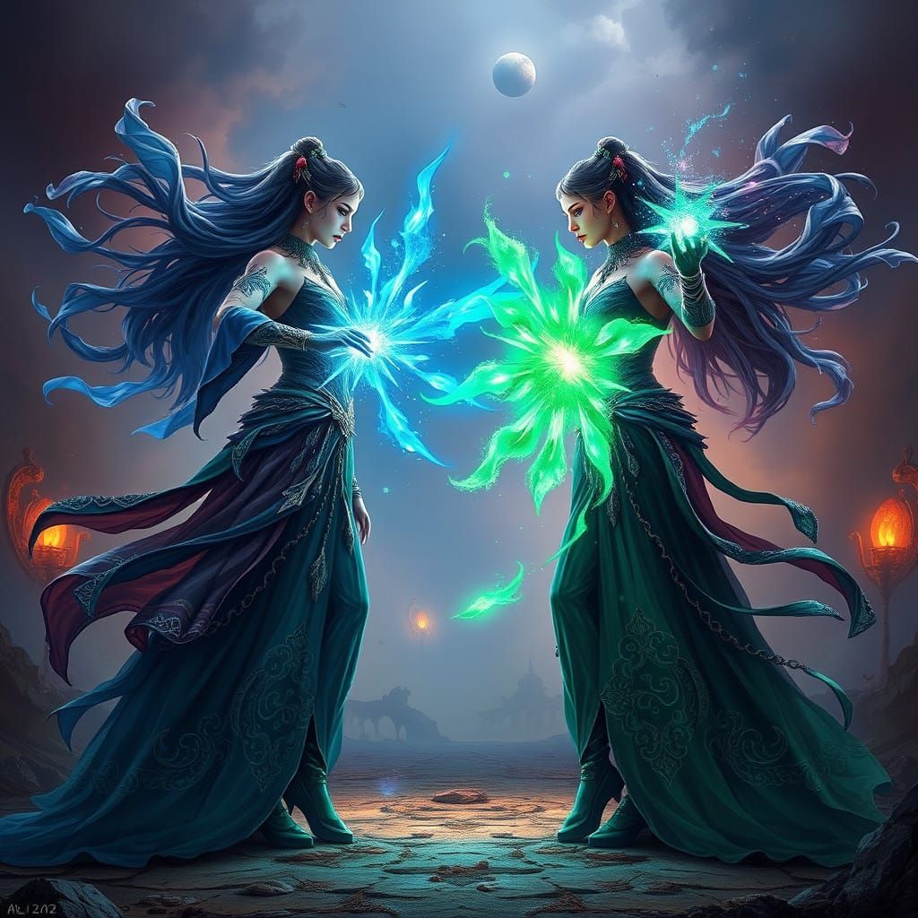 Ethereal Duelists Unleash Radiant Magic in Ancient... - AI Art