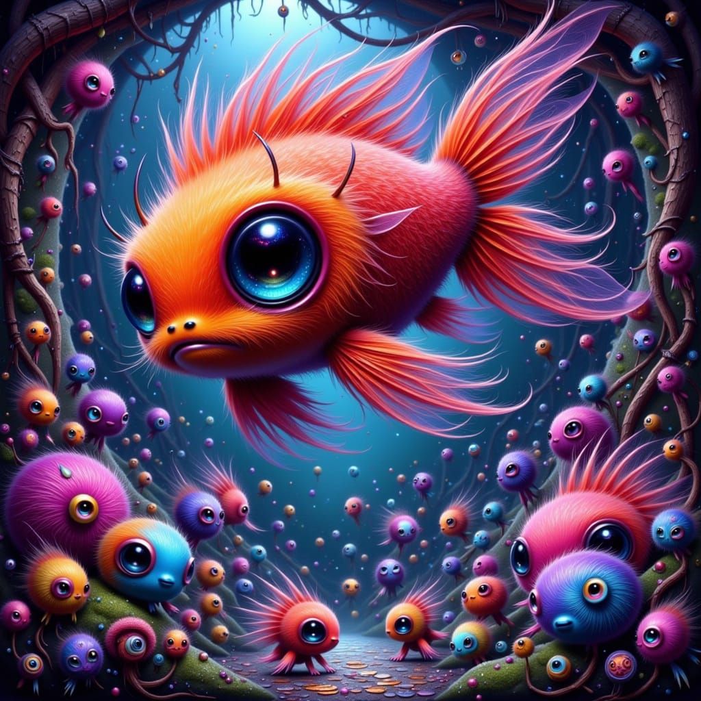 Carmine Furry Fish in Surreal Aquarium, Digital Ar... - AI Art