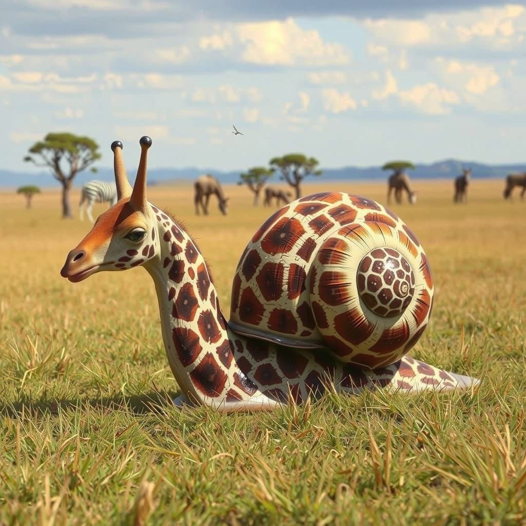A snail-giraffe hybrid, slithering majestically across the Serengeti.