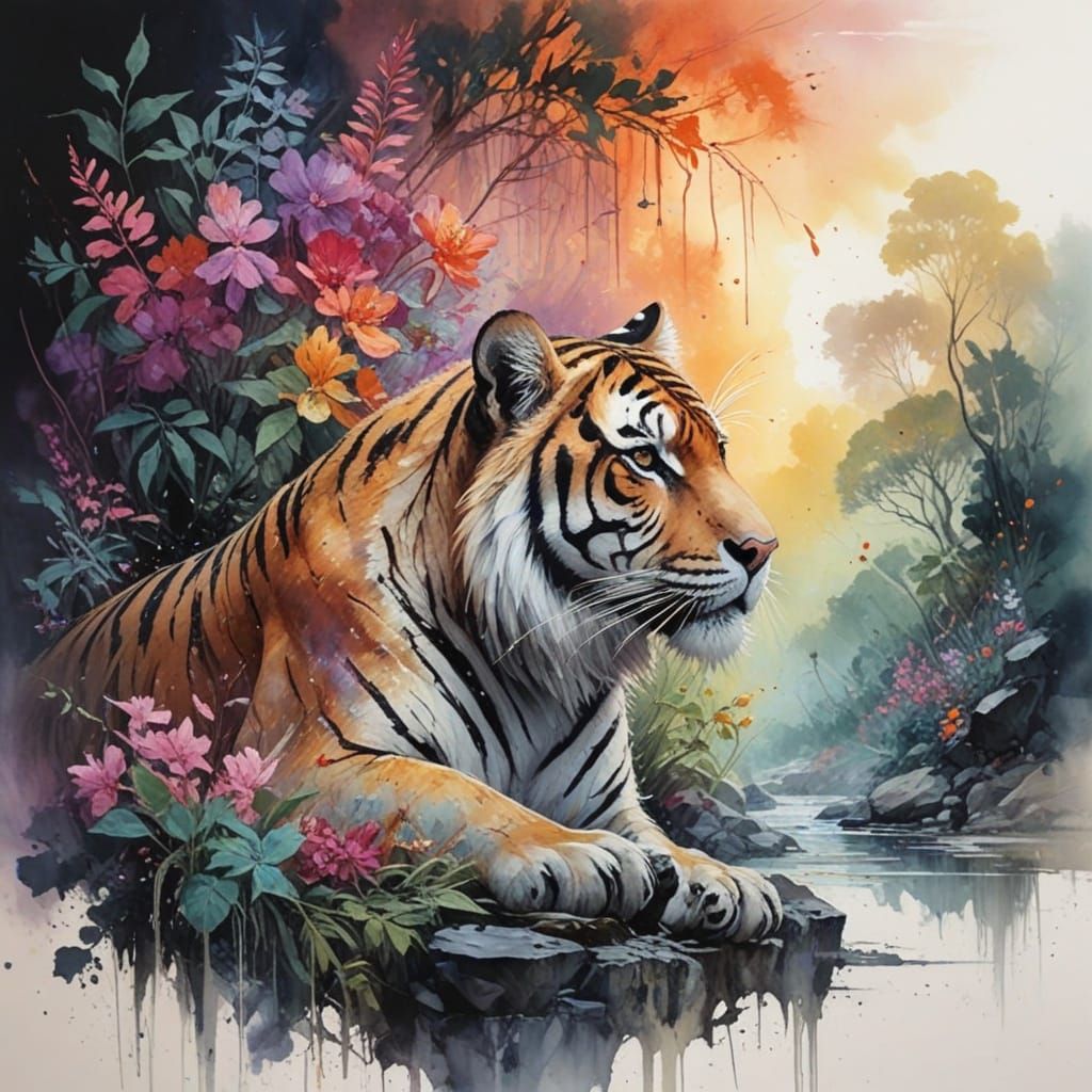 Surreal Tiger in a Vibrant Jungle Oasis - AI Art