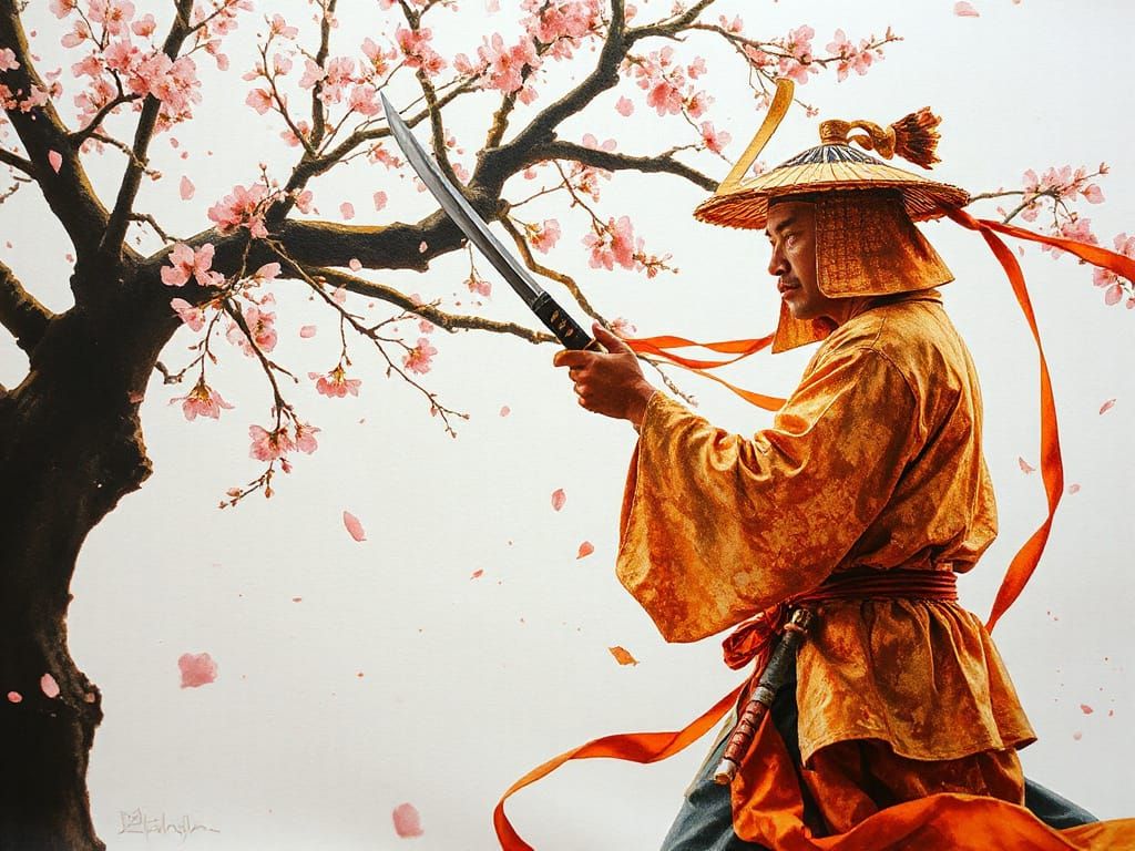 Ethereal Samurai Under Cherry Blossoms in Copper a... - AI Art