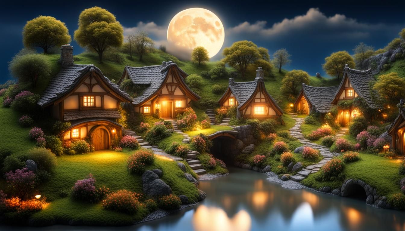 Miniature fantasy hobbit village with glowing flowers, bio-luminescent ...