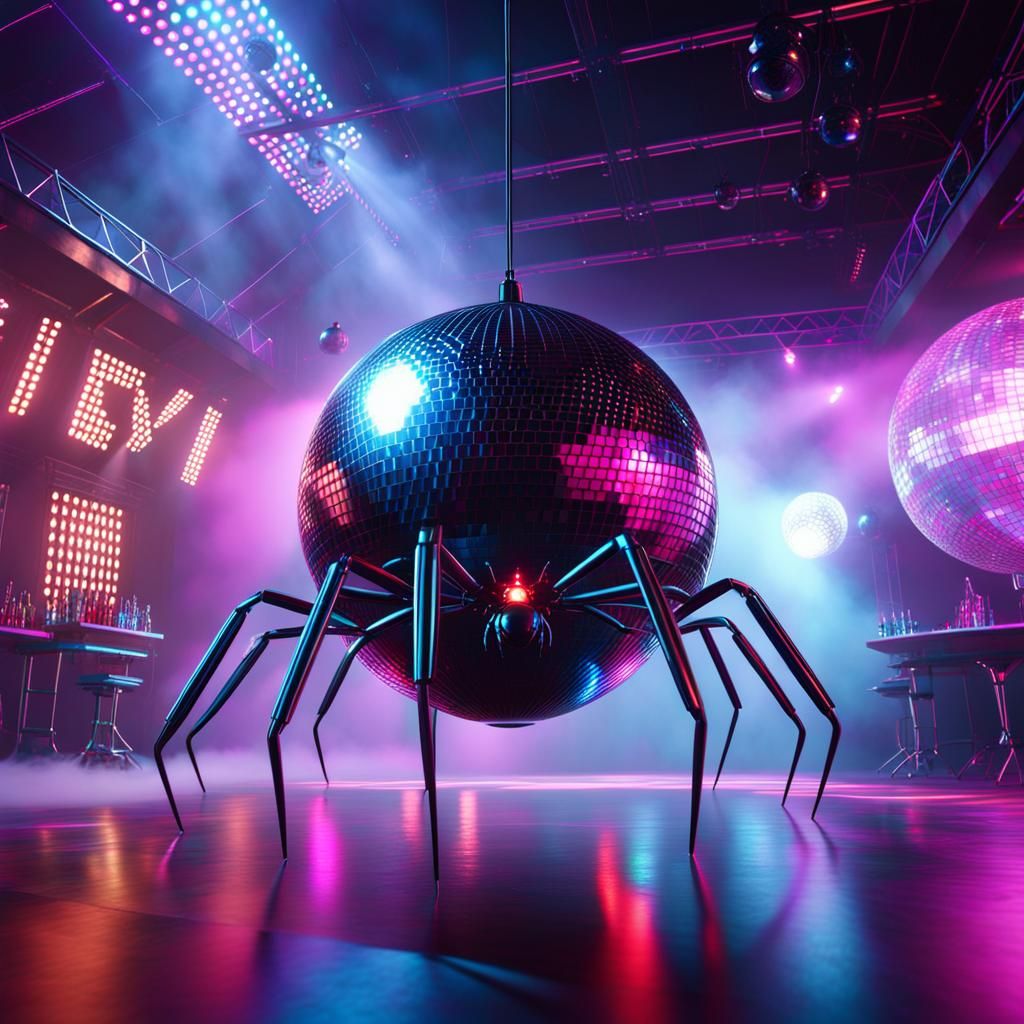 A disco ball with spider legs dancing in a club that is filled with fog ...