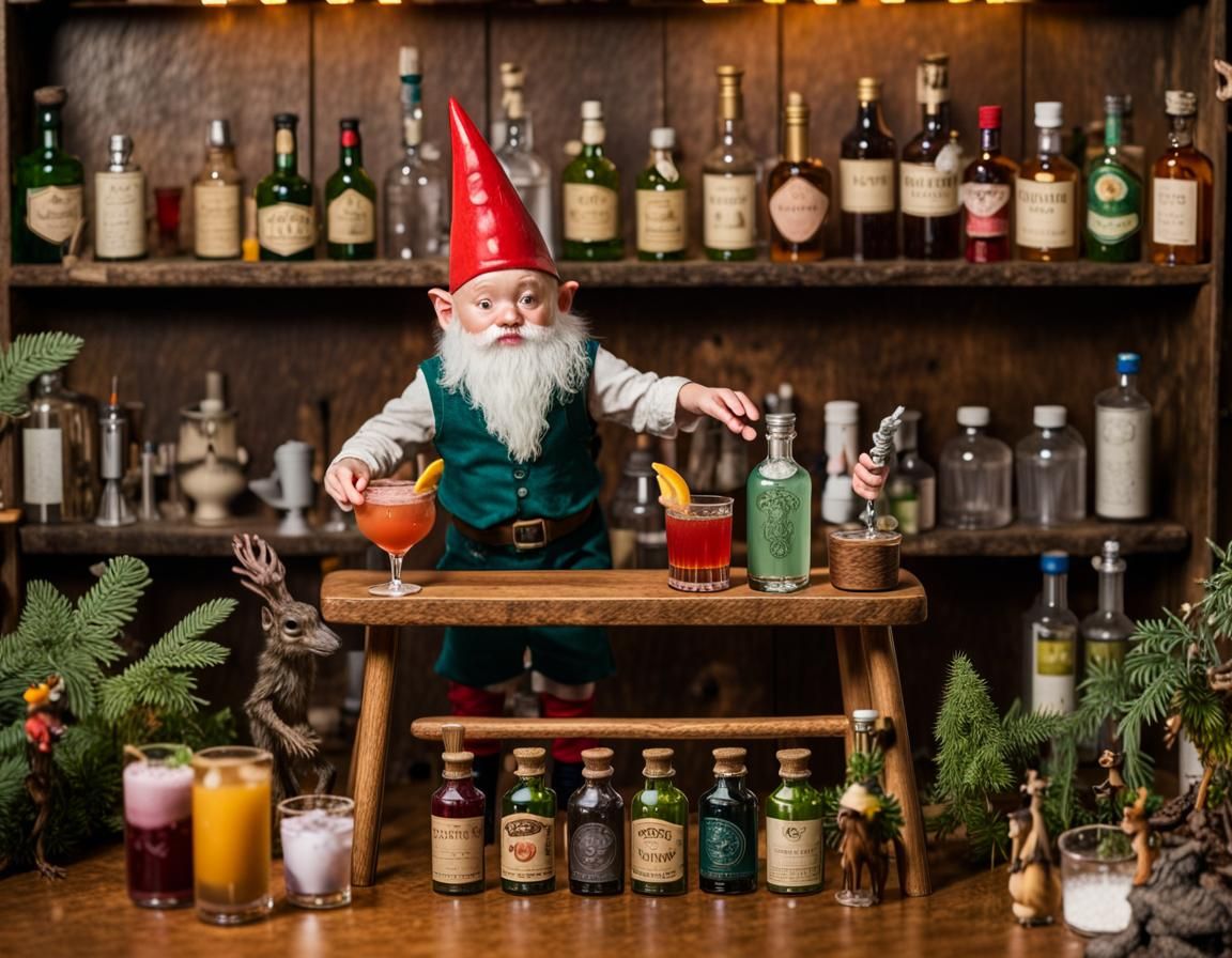 A tiny gnome bartender stands on a stool behind a miniature bar, crafting cocktails for a group ...