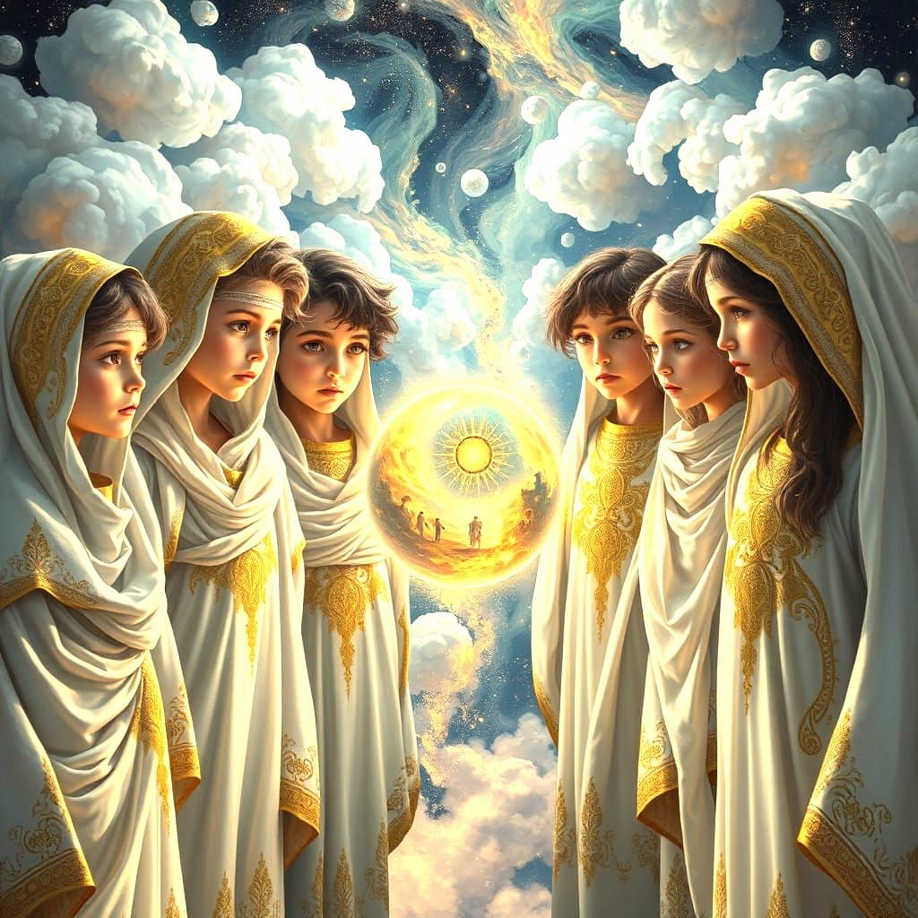 The young in glorious robes of white and gold robes stare into the orb ...
