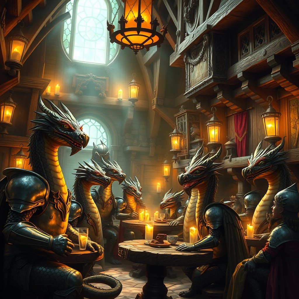 Dragon Adventurers Gather in Whimsical Tavern Scen... - AI Art