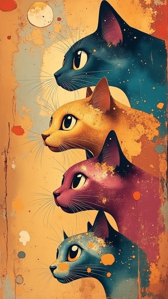 Vibrant, dreamlike portrait of four curious felines with swirling ...