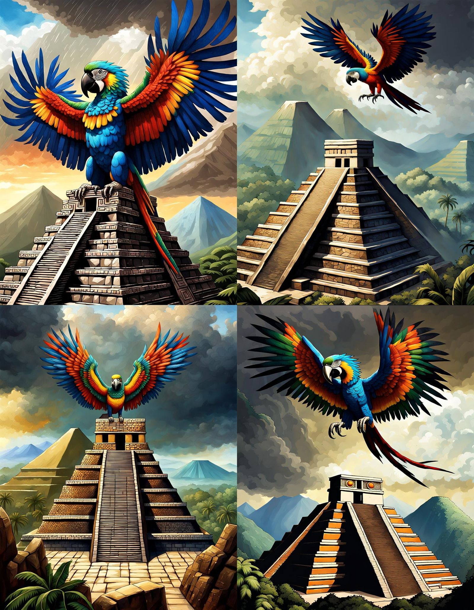 Aztec temple to the parrot god. ATop the pyramid is a large stone macaw ...