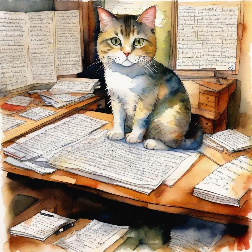 Whimsical Genius Cat in Expressionist Watercolor - AI Art